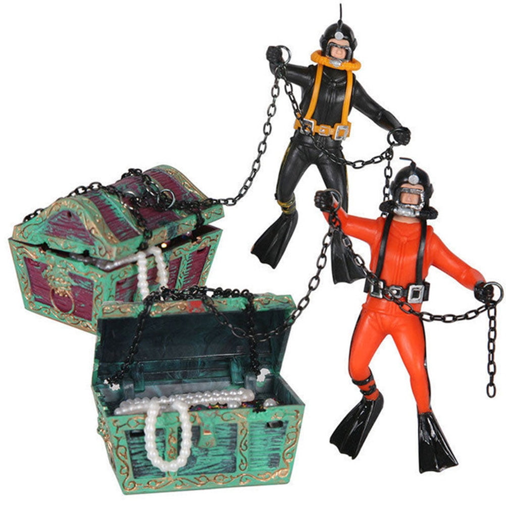 Dan 2pcs Aquarium Treasure Chest Diver Fish Tank Landscape Ornament ...