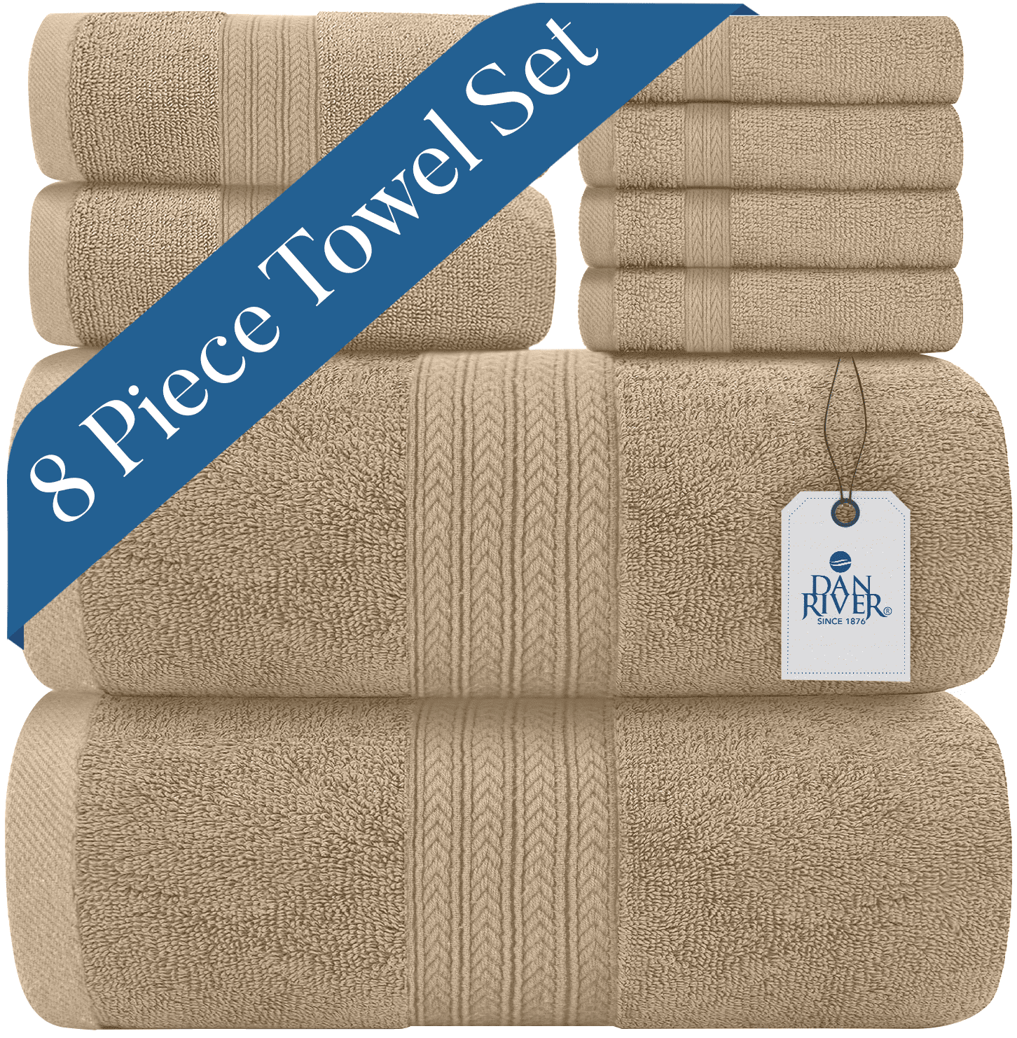 DAN RIVER 100% Cotton Luxury Bath Towel Set of 8 - Tan | 2 Bath Towels ...