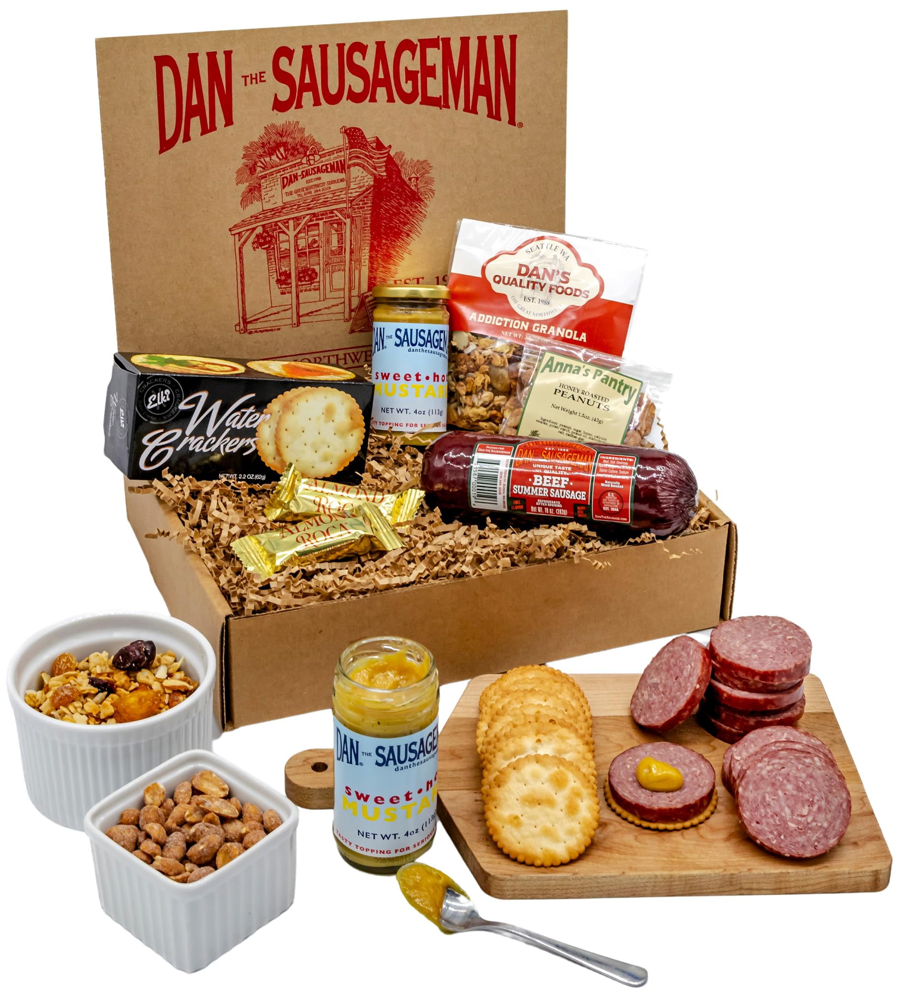 Dan the Sausageman Klondike OKA4 Gourmet Meat Snack Box with Summer Sausage, Sweet Mustard ...