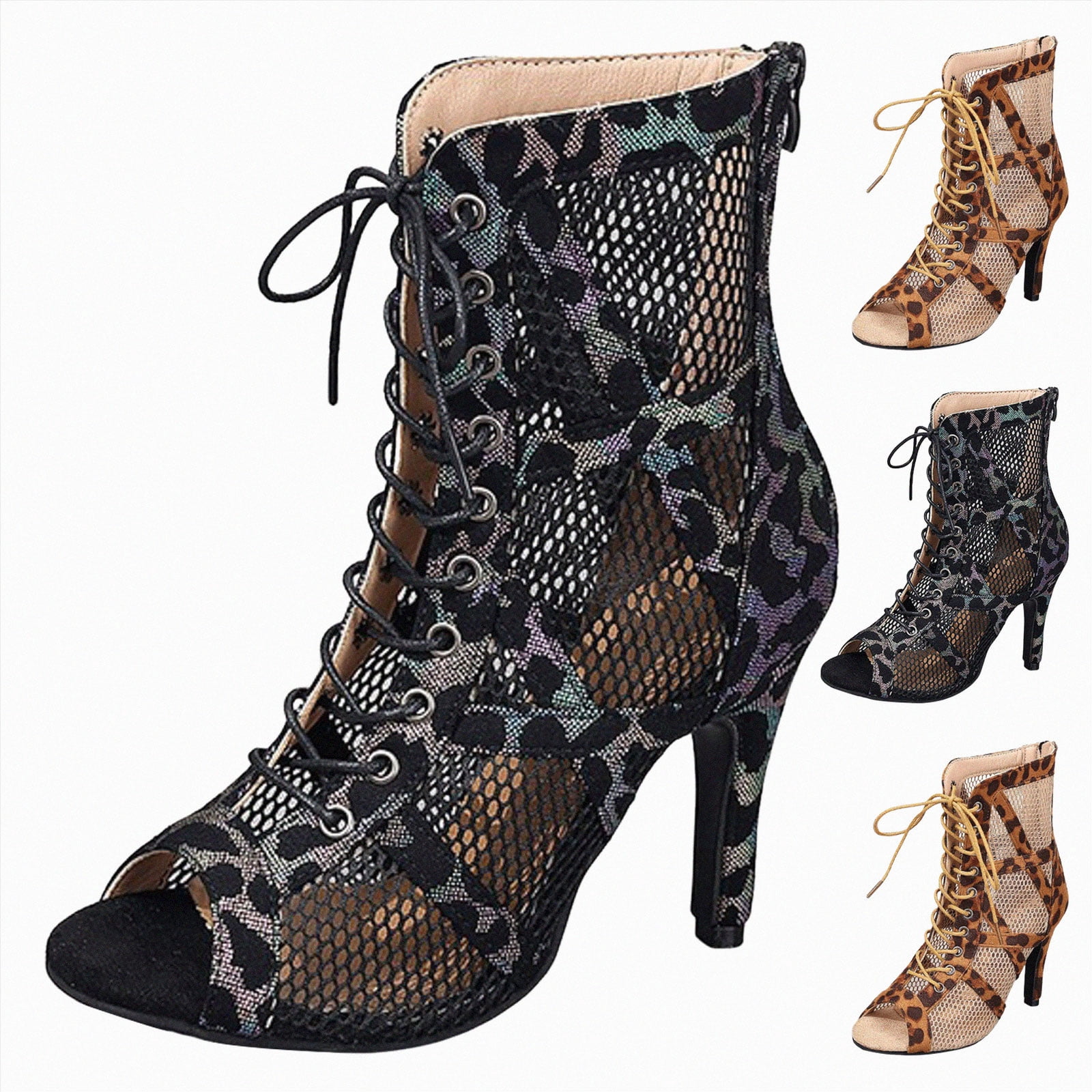 Dance Ankle Boots for Womens Latin Mesh Hollow out Ballroom Lace up ...