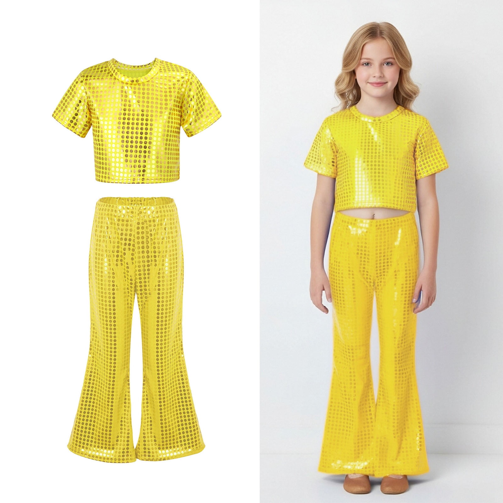 Dance Costumes for Girls Sequin Gold Dance Costume Short Sleeve Top and ...