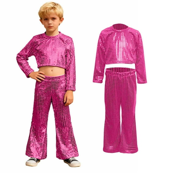 Dance Costumes for Girls Sequin Pink Dance Costume Long Sleeve Crop Top ...