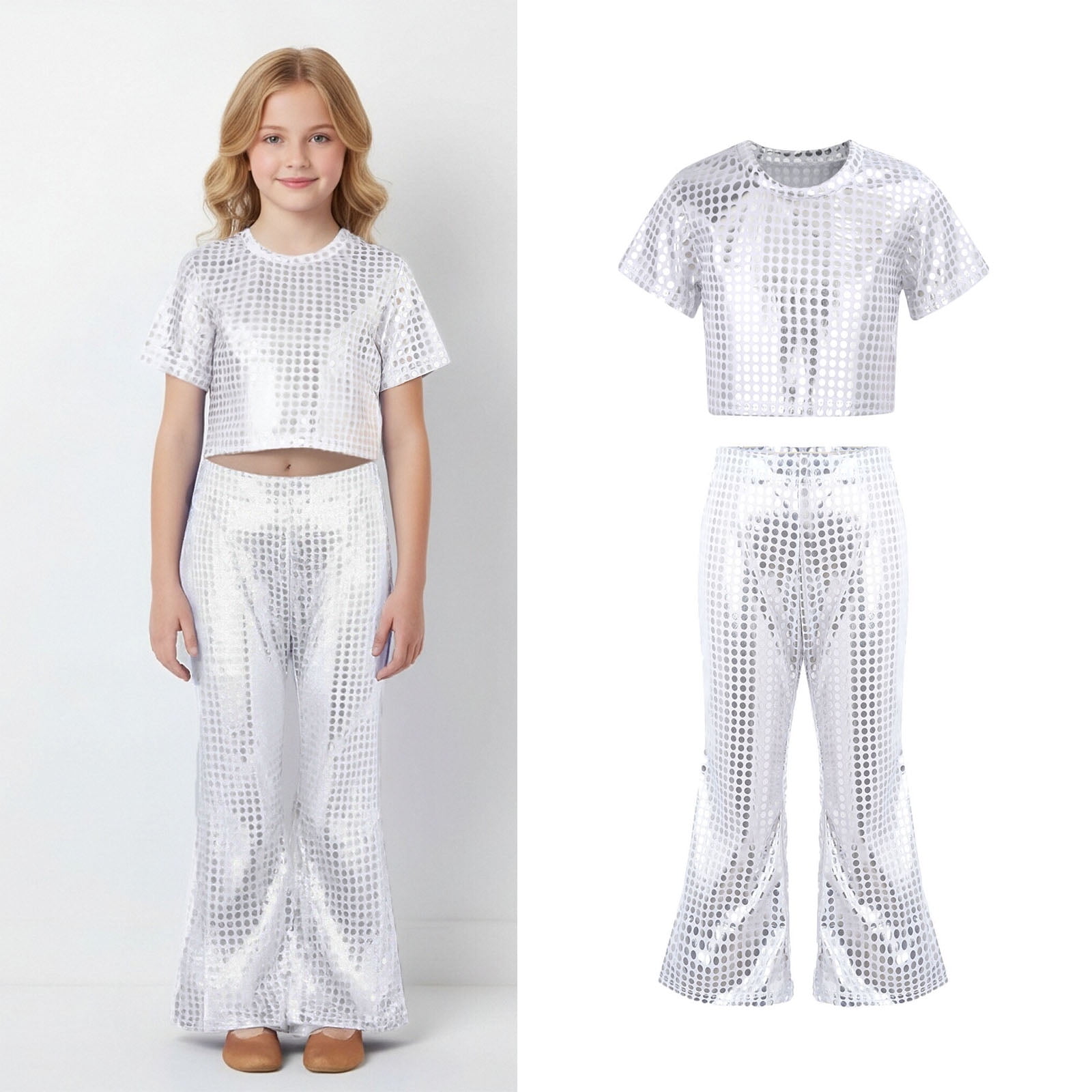 Dance for Girls Sequin Silver Dance Short Sleeve Top and Flared Pants ...