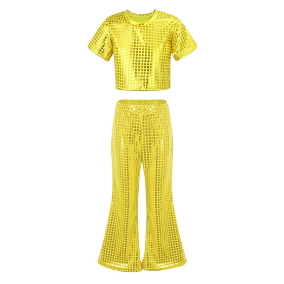 Dance Costumes for Girls Sparkly Gold Dance Costume Short Sleeve Top ...