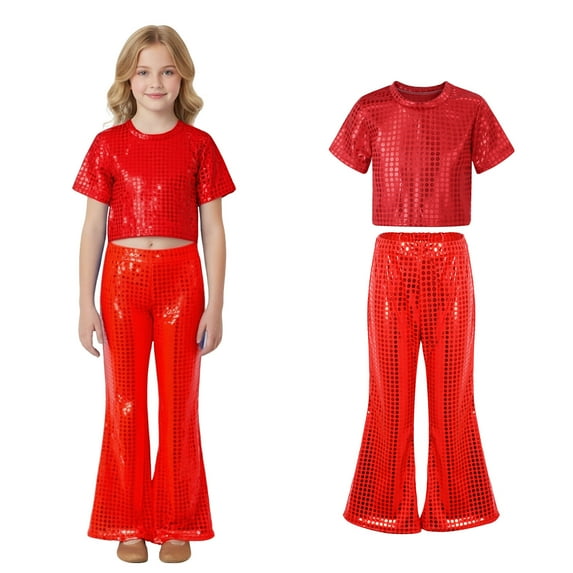 Dance Costumes for Girls Sparkly Red Dance Costume Short Sleeve Top and ...
