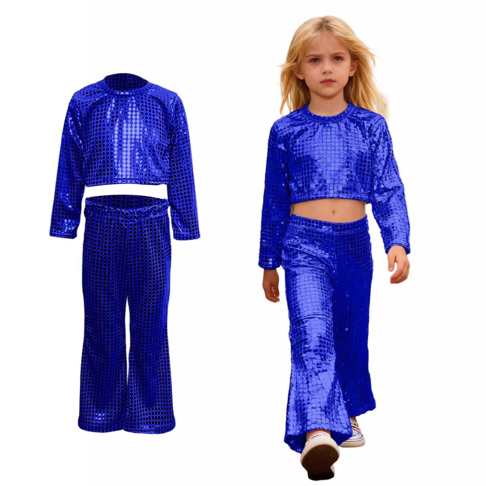 Dance for Girls Sequin Blue Dance Long Sleeve Crop Top and Flared Pants ...