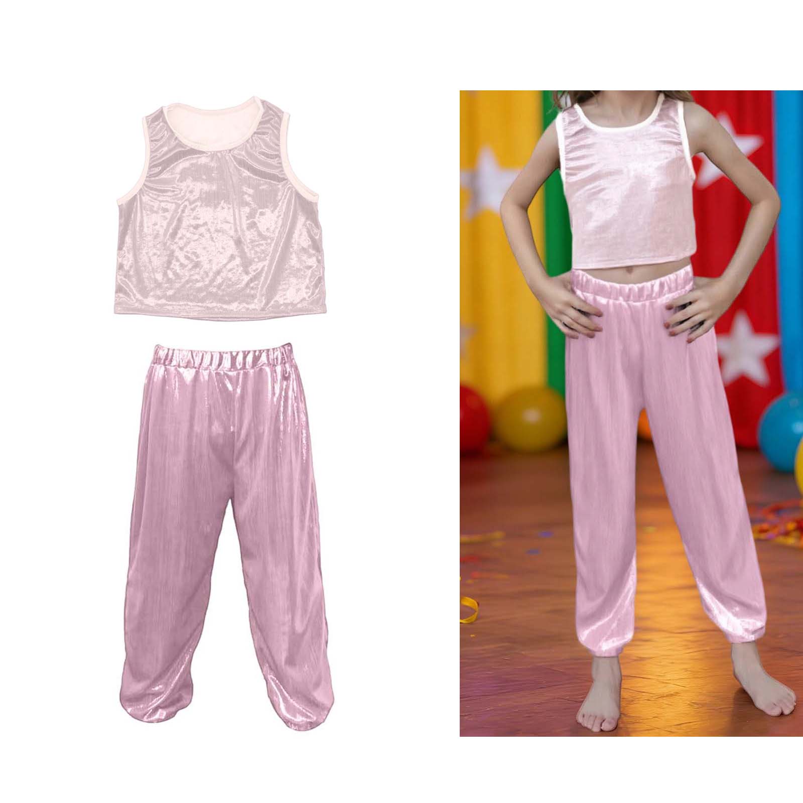 Dance for Girls Sparkly Pink Dance Sleeveless Tank Top and Pants Set ...