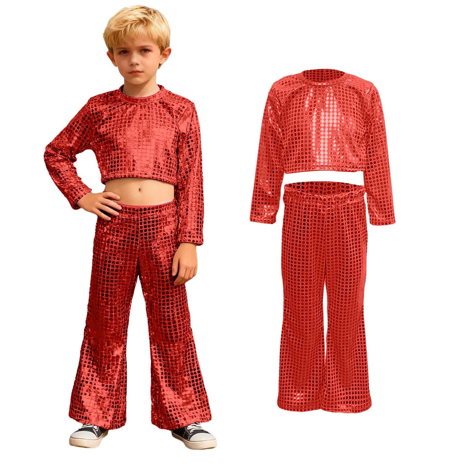 Dance for Girls Sparkly Red Dance Long Sleeve Crop Top and Flared Pants ...