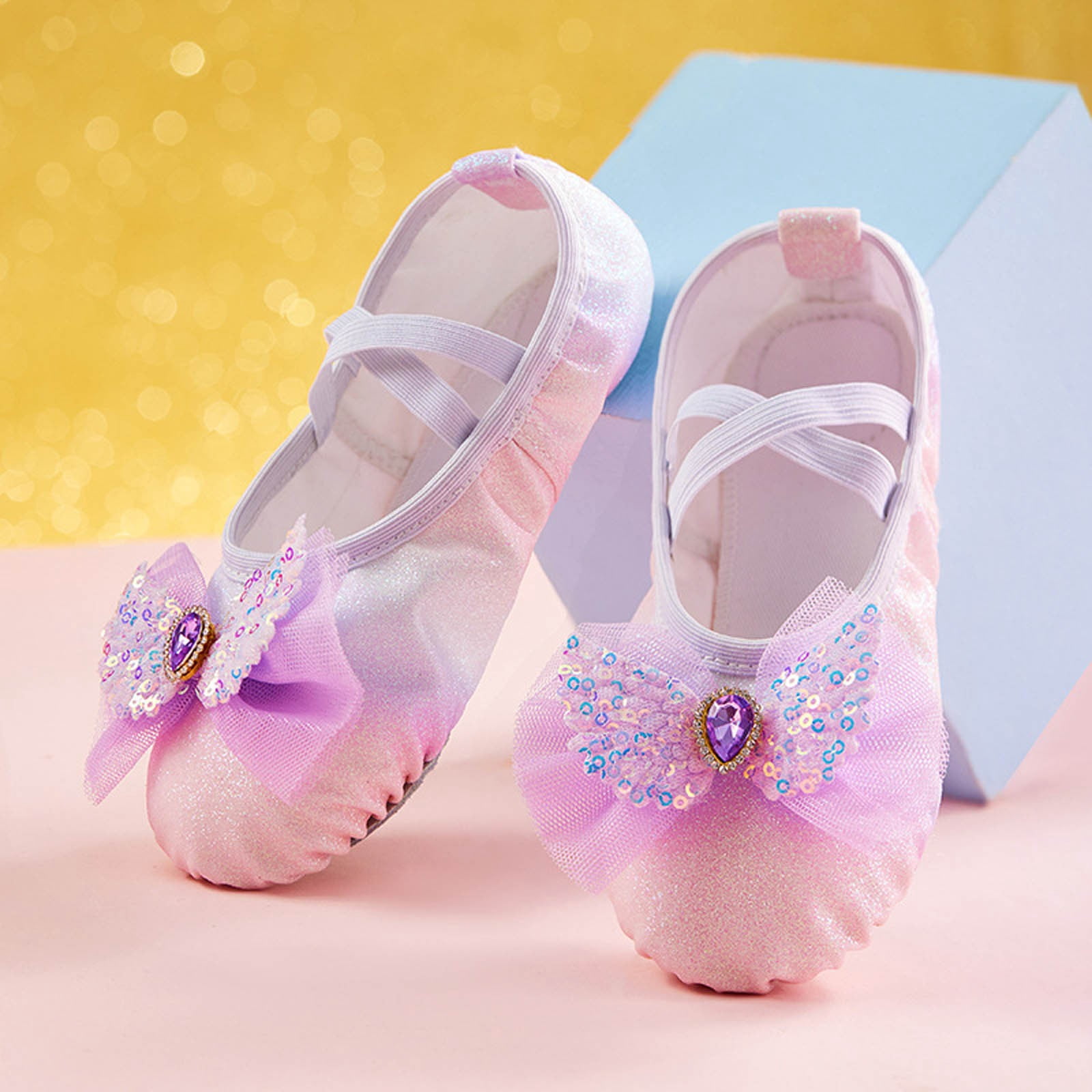 Dance Shoes with Gradient Sequins and Bow Decoration, Soft Soles Paw ...