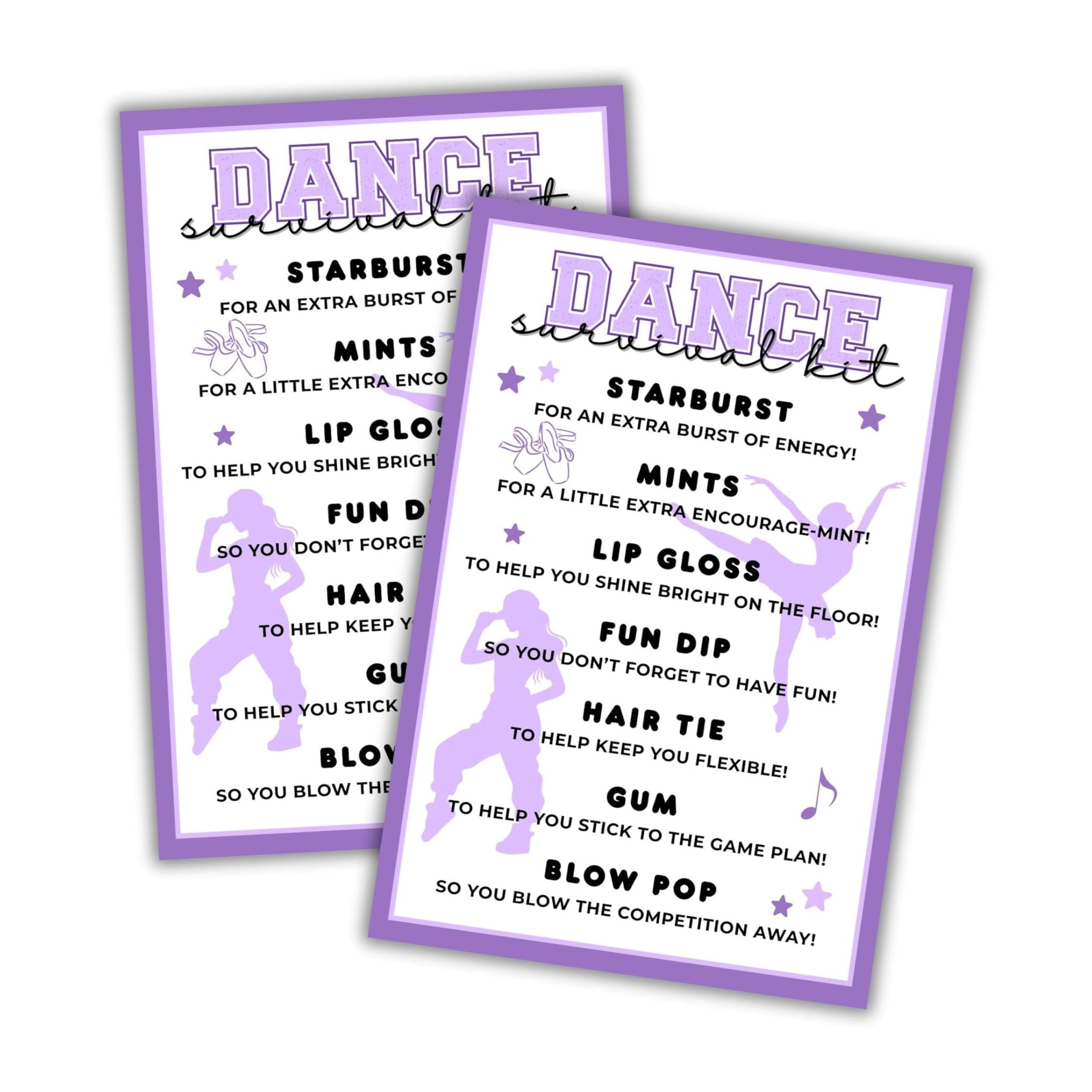 Dance Team Survival Kit Cards 30pk 4x6 List Tag Labels Emergency ...