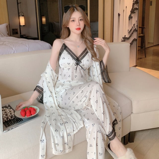 Danceemangoo 3 Piece Set Spring Autumn Sexy Satin Pajamas Set Lace