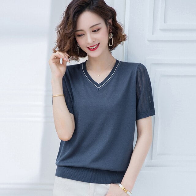 Danceemangoo Knitted Jumper Summer Tops V Neck Pullovers Casual