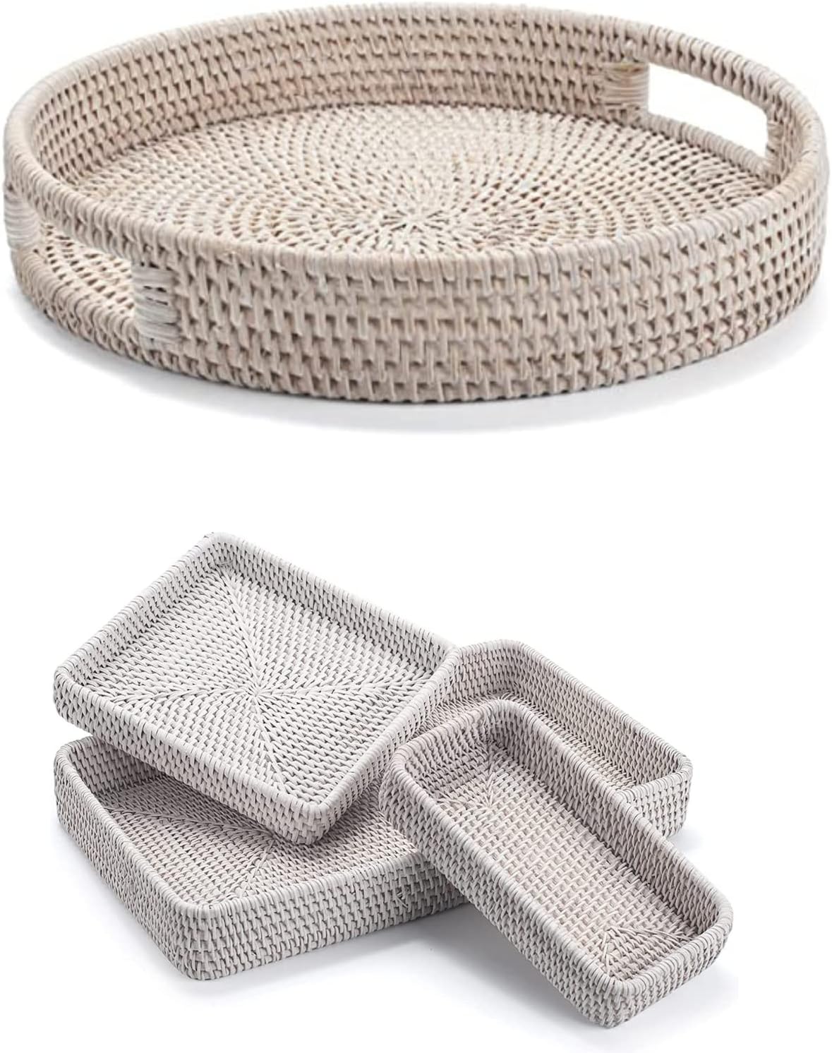 DanceeMangoo Rattan Round Serving Tray with Cut-Out Handles, Rattan Serving Trays Set of 3 ...