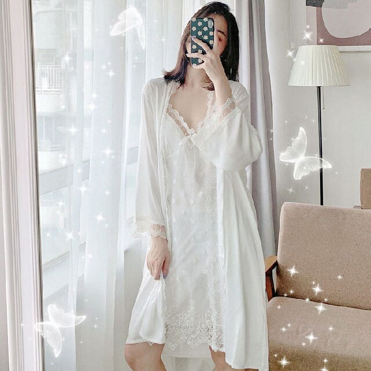 Danceemangoo Sexy Silk Robe Set Spring Summer Satin White Lace Sexy