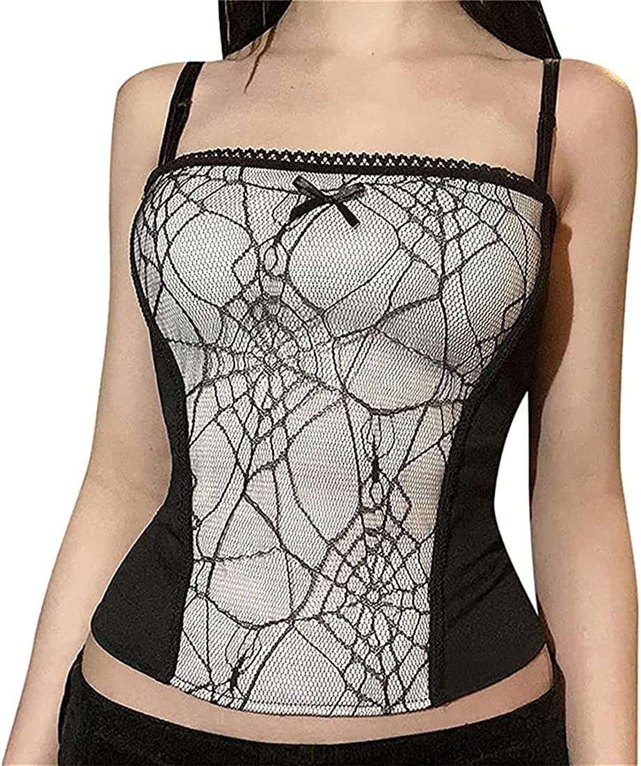 Danceemangoo Women Goth Spider Net Camis Tank Tops Spaghetti Strap Punk