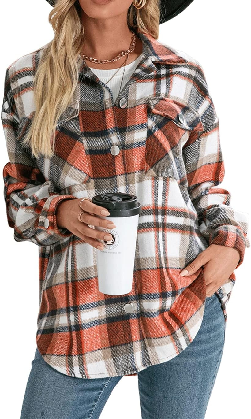 Danceemangoo Womens Brushed Flannel Plaid Lapel Wool Blend Pea Coat
