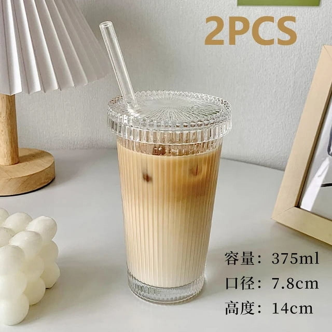 DanceeMangoos 2024 New Stripe Glass Coffee Cup with Lid and Straw ...