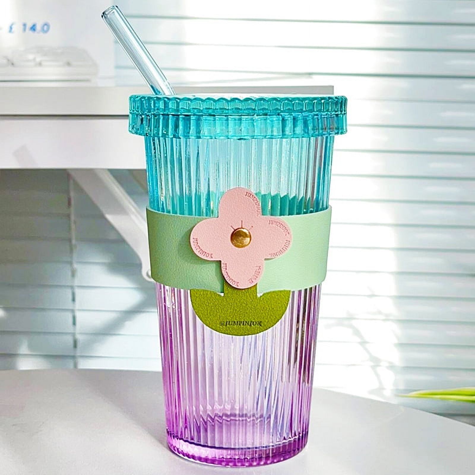 DanceeMangoos 380Ml Gradient Color Glass Cup With Lid and Straw ...