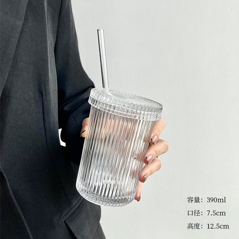 DanceeMangoos 390Ml Simple Stripe Glass Cup With Lid and Straw ...