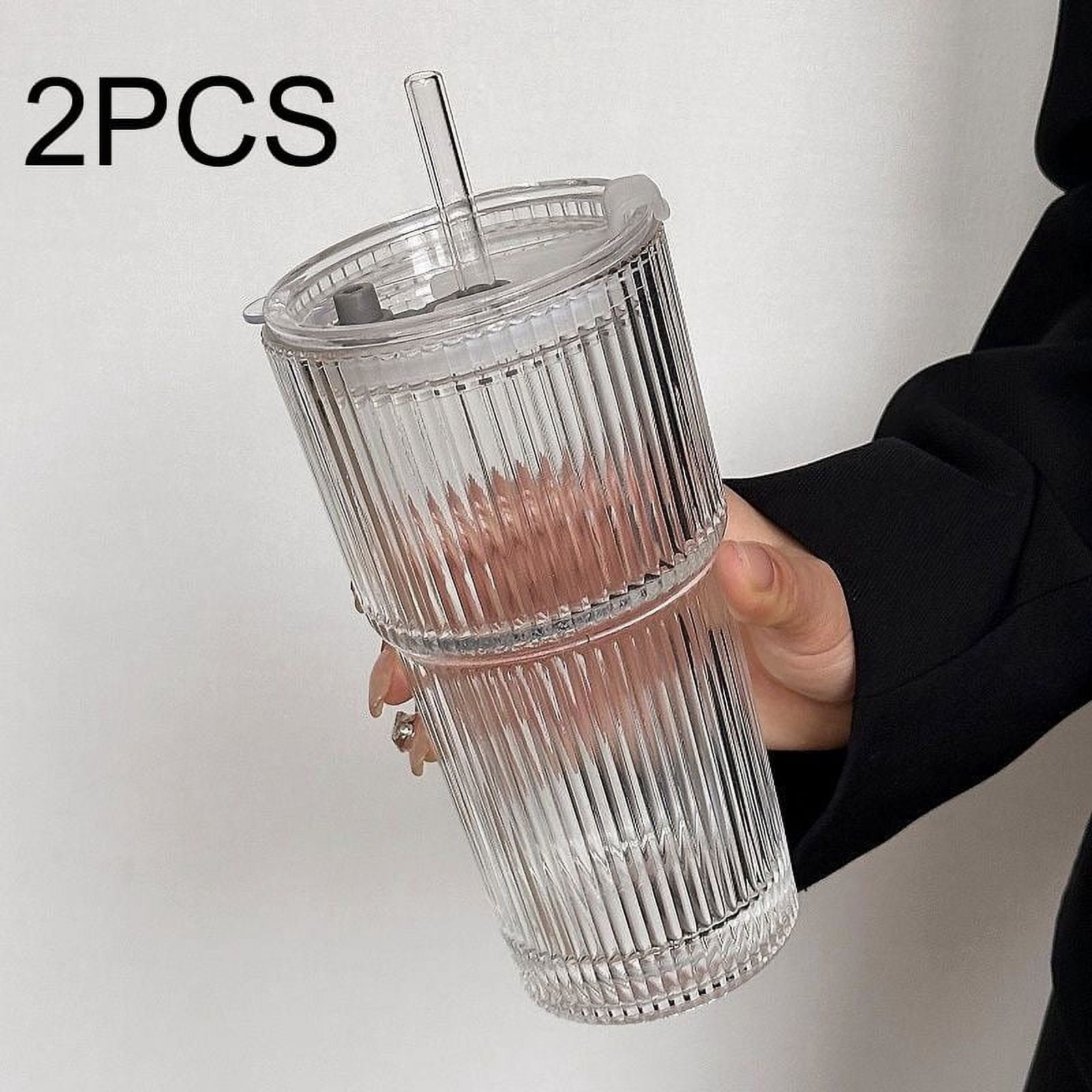 DanceeMangoos 450ml Simple Stripe Coffee Glass Cup With Lid and Straw ...
