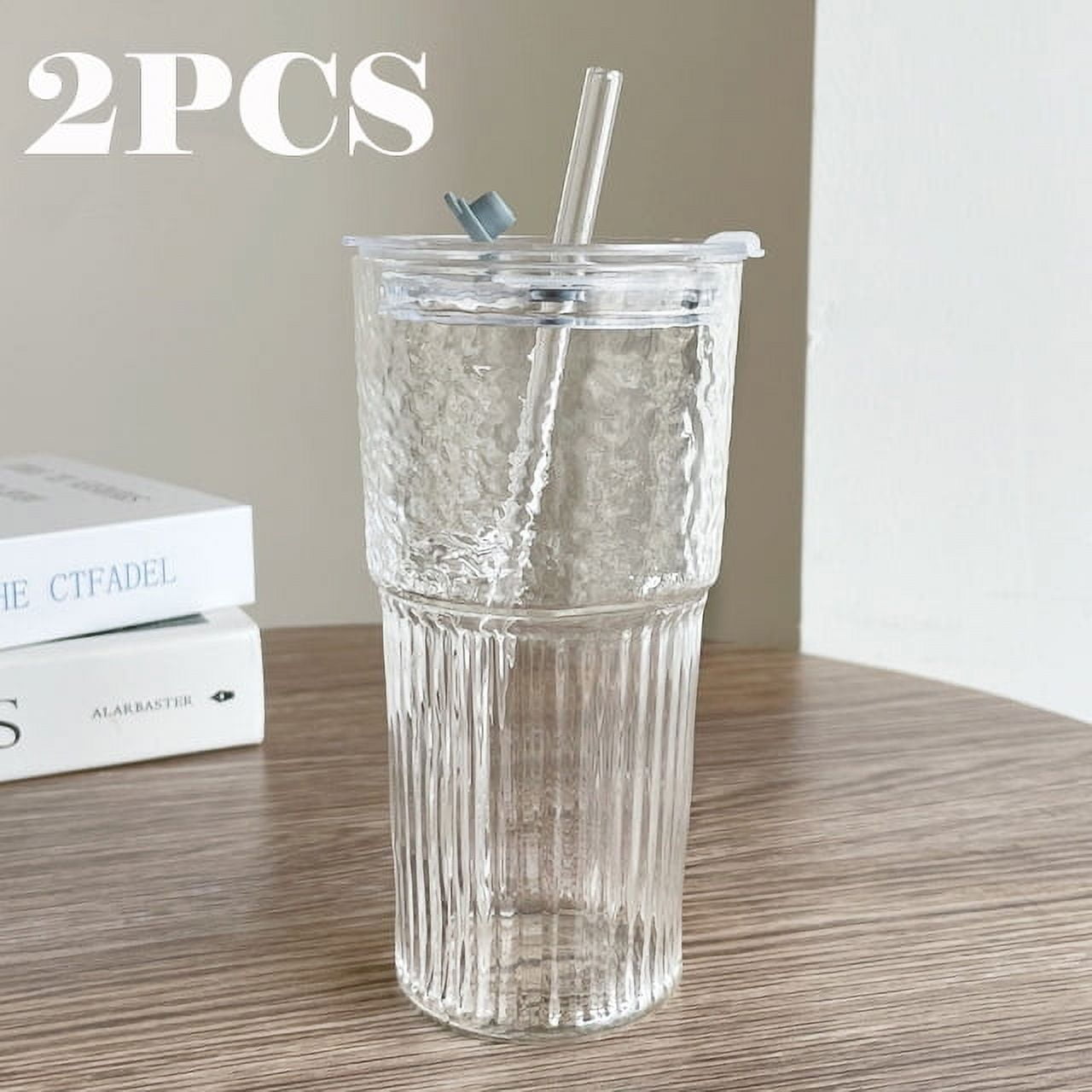 DanceeMangoos 600ML Stripe Glass Cup With Lid and Straw Transparent Ice ...