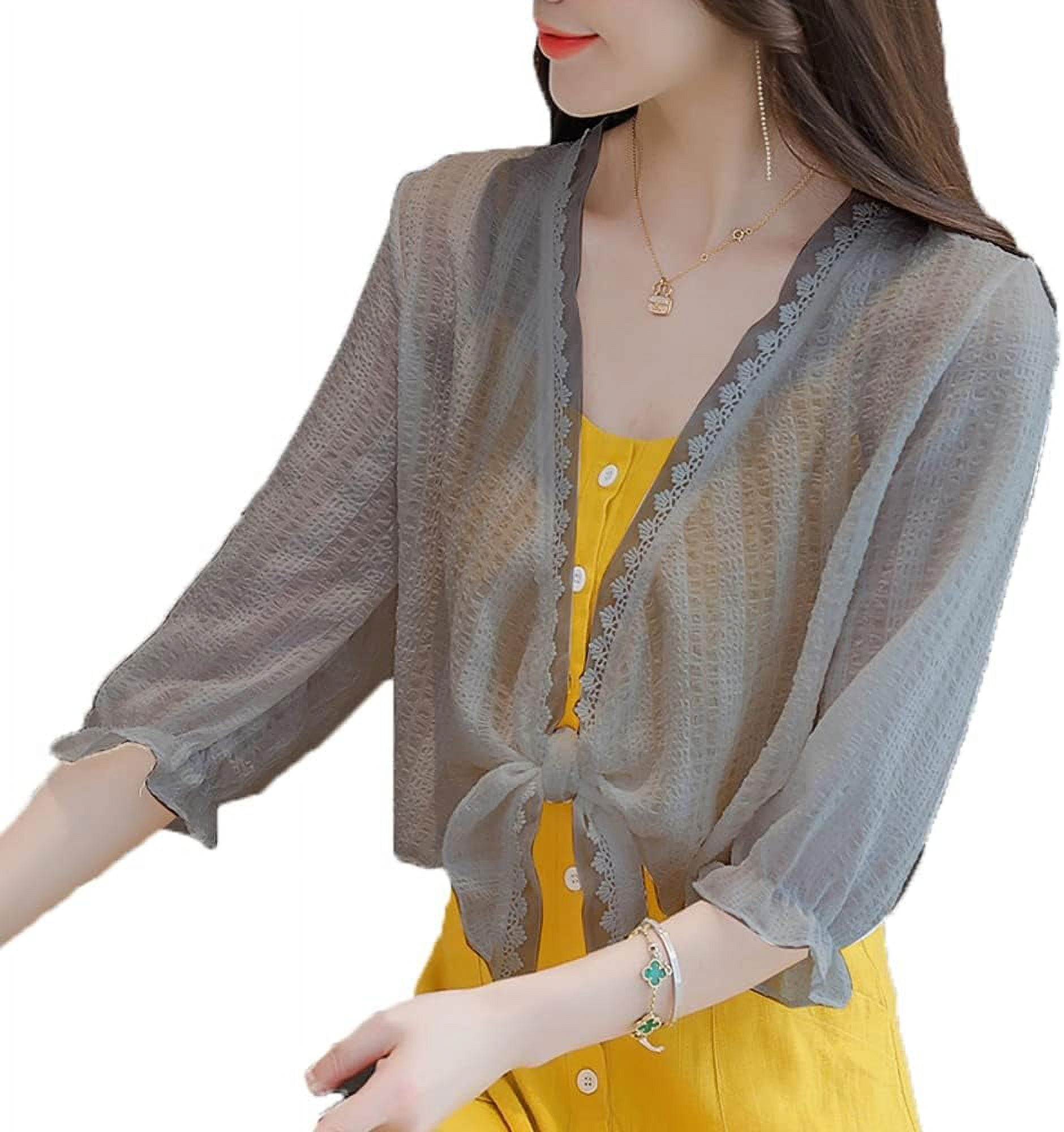 DanceeMangoos Chiffon Tie Front Cardigans Bolero Shrugs 3/4 Sleeve ...