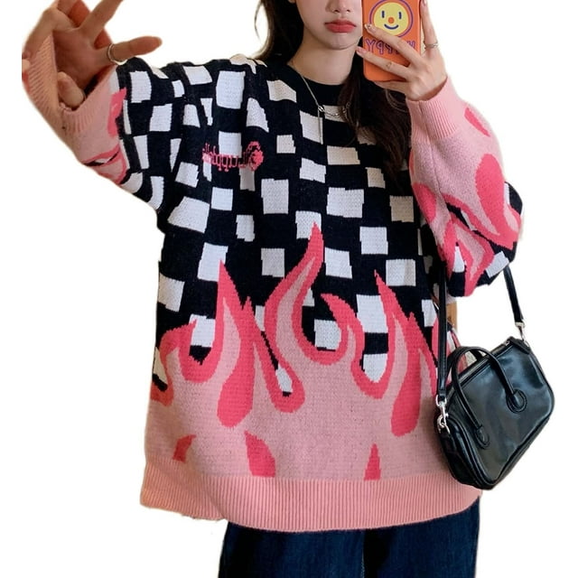 DanceeMangoos Grunge Grandpa Sweater Gothic Flame Oversized Sweater Alt ...