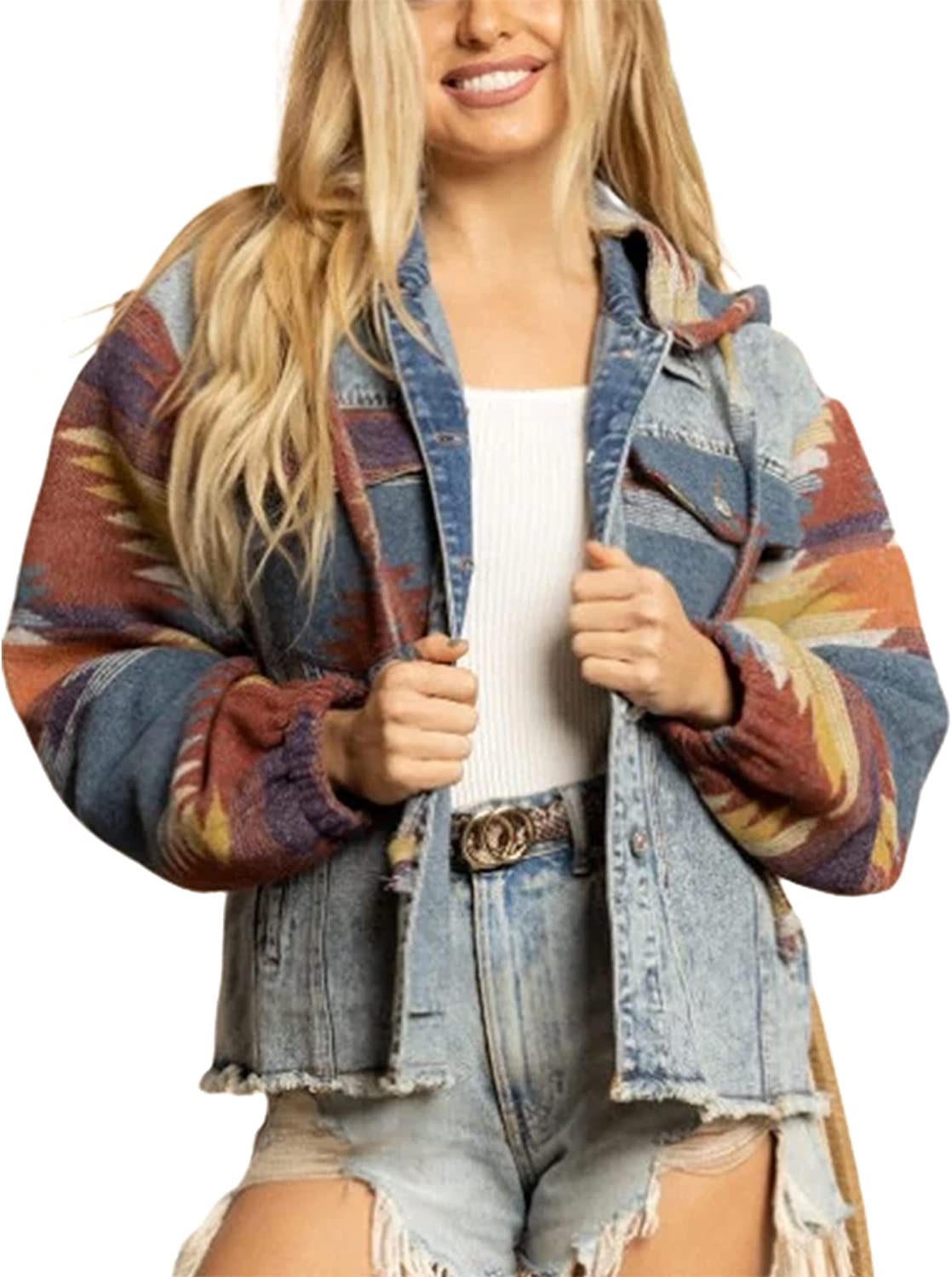 DanceeMangoos Women's Aztec Patchwork Denim Jacket Button Down Ripped ...