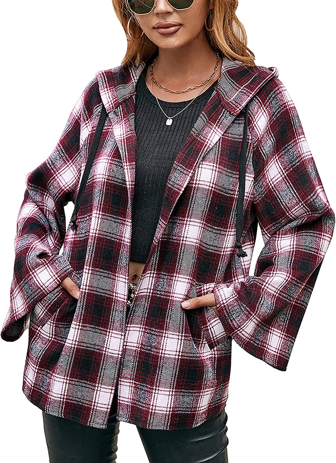 DanceeMangoos Women's Bell Sleeve Button Plaid Shacket Jacket with Hood ...