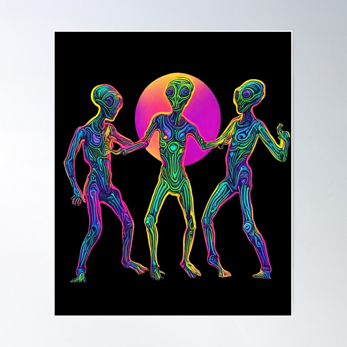 Dancing Aliens Neon Psychodelic Poster Wall Art, Modern Wall Decor For ...
