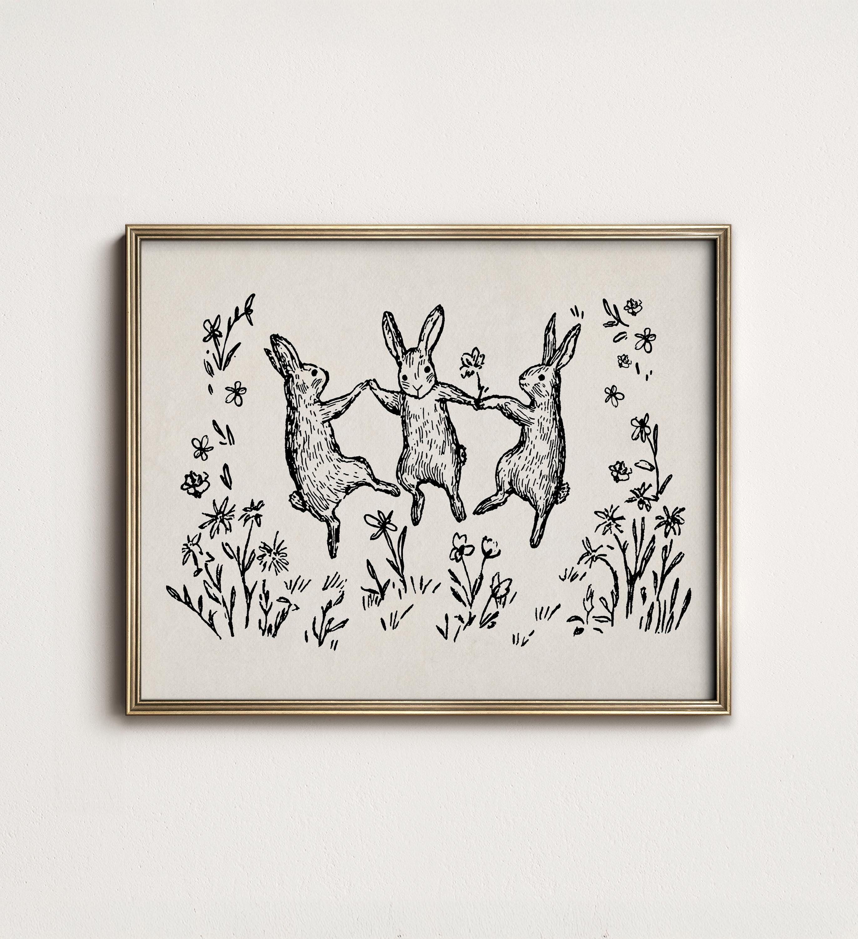 Dancing Bunnies Art Print: Neutral Cottagecore Nursery Decor (Printable ) Sk1-56 UNFRAMED Poster ...
