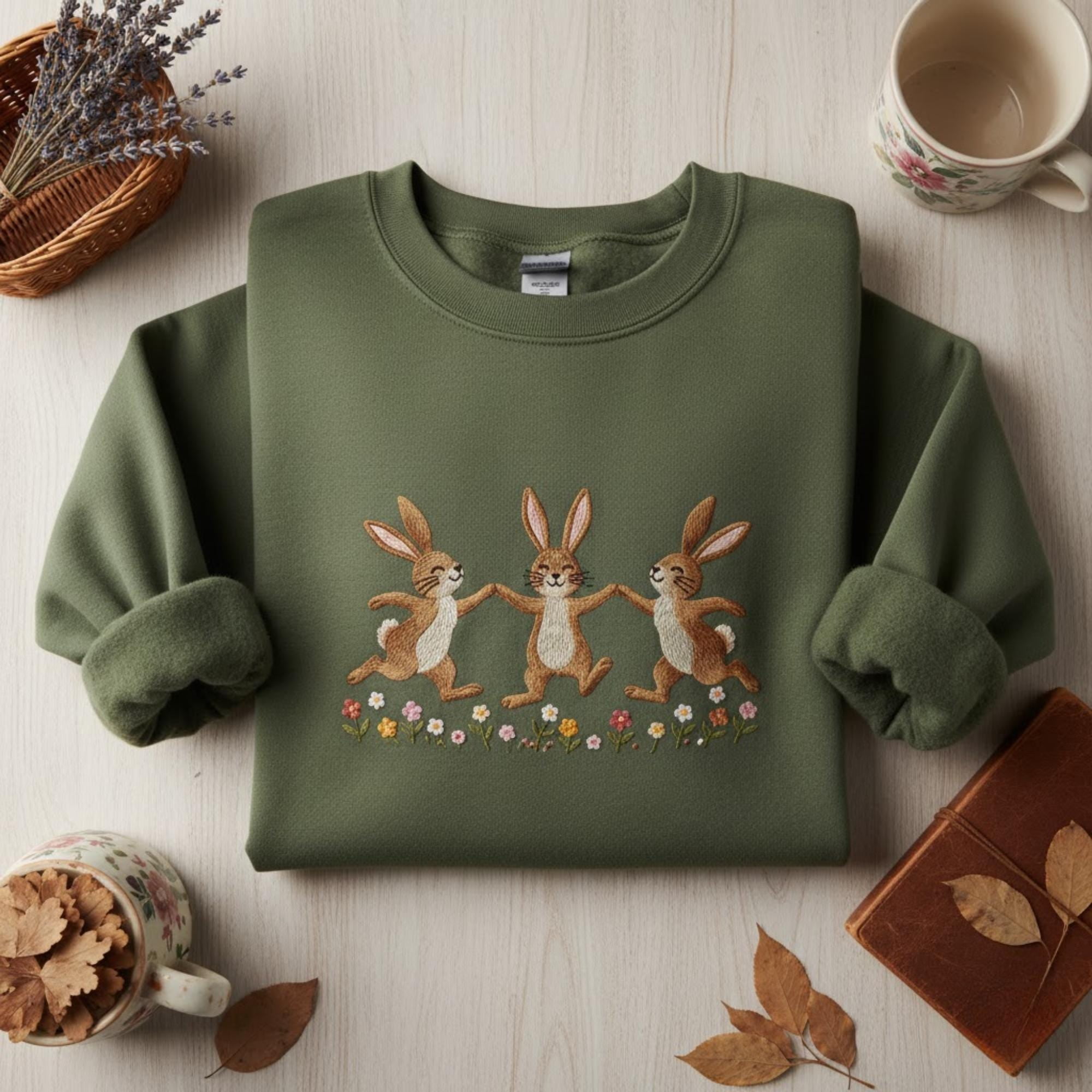 Dancing Bunnies Embroidered Sweatshirt Neutral Cottagecore Rabbit ...