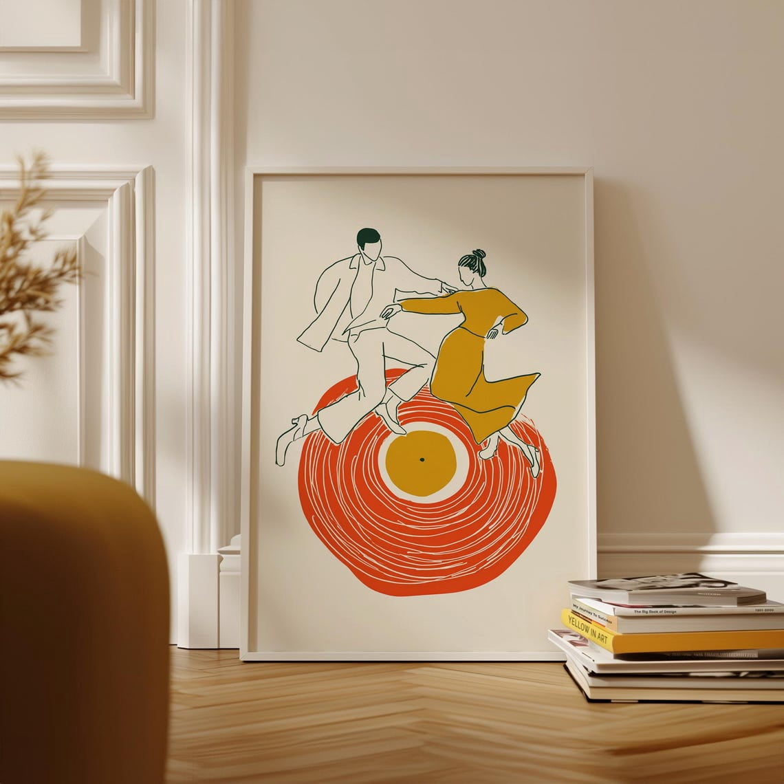 Dancing Couple Poster Minimal Line Illustration Orange Yellow Tones ...