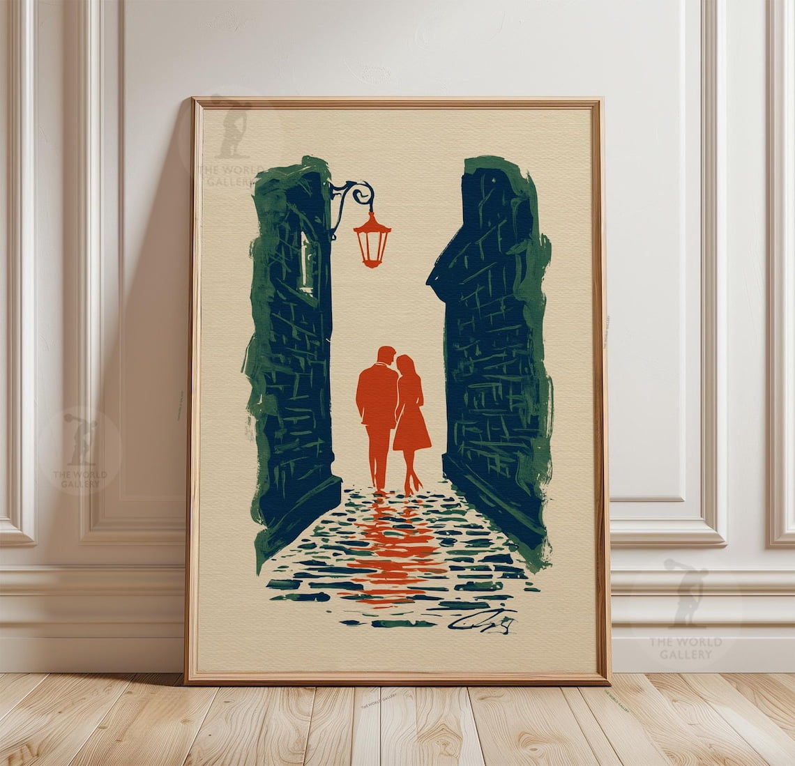 Dancing Couple Teal Red Alley Scene Street Illustration Poster Decor ...