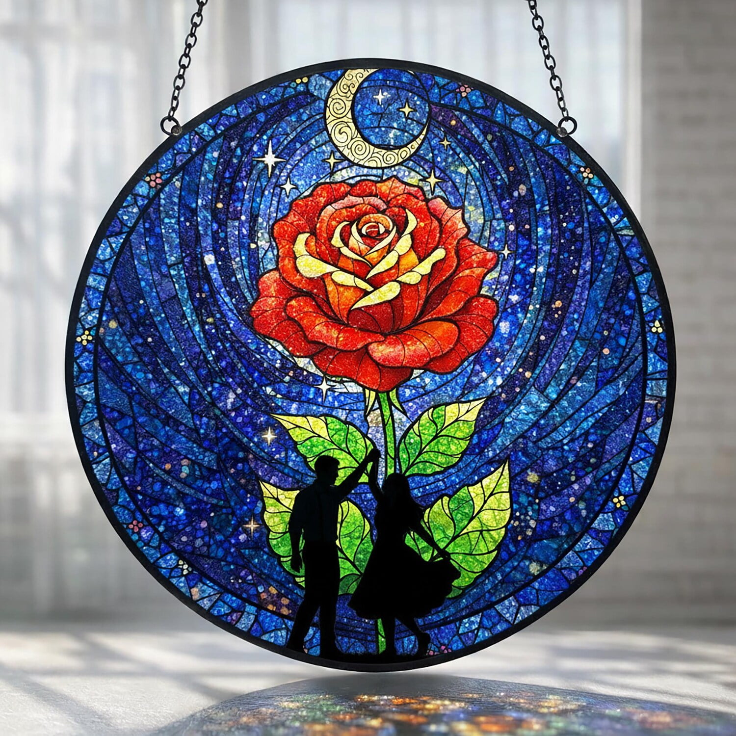 Dancing Couple Under The Moon Stained Glass Suncatcher, Enchanted Rose ...