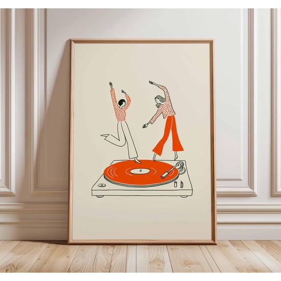 Dancing Couple Vinyl Turntable Illustration Wall Art Modern Music Decor ...