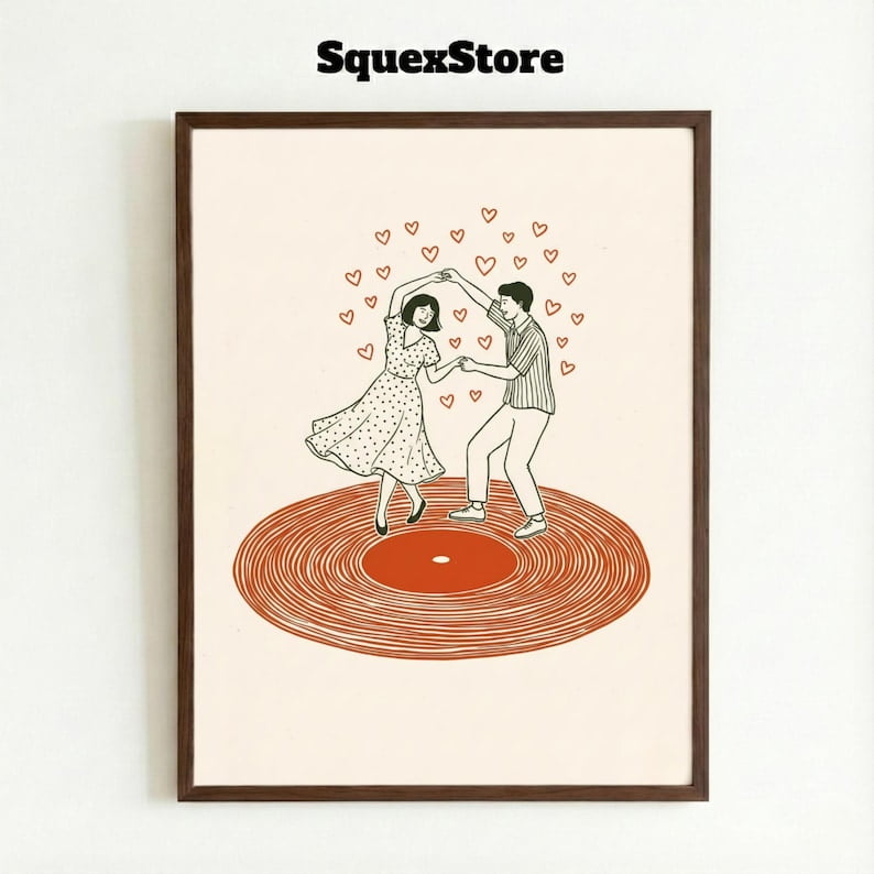 Dancing Couple Wall Art Print, Retro Record Player Poster, Modern Music ...
