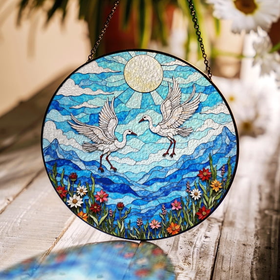 Dancing Cranes Mountain Stained Glass Suncatcher, Elegant Nature Window ...