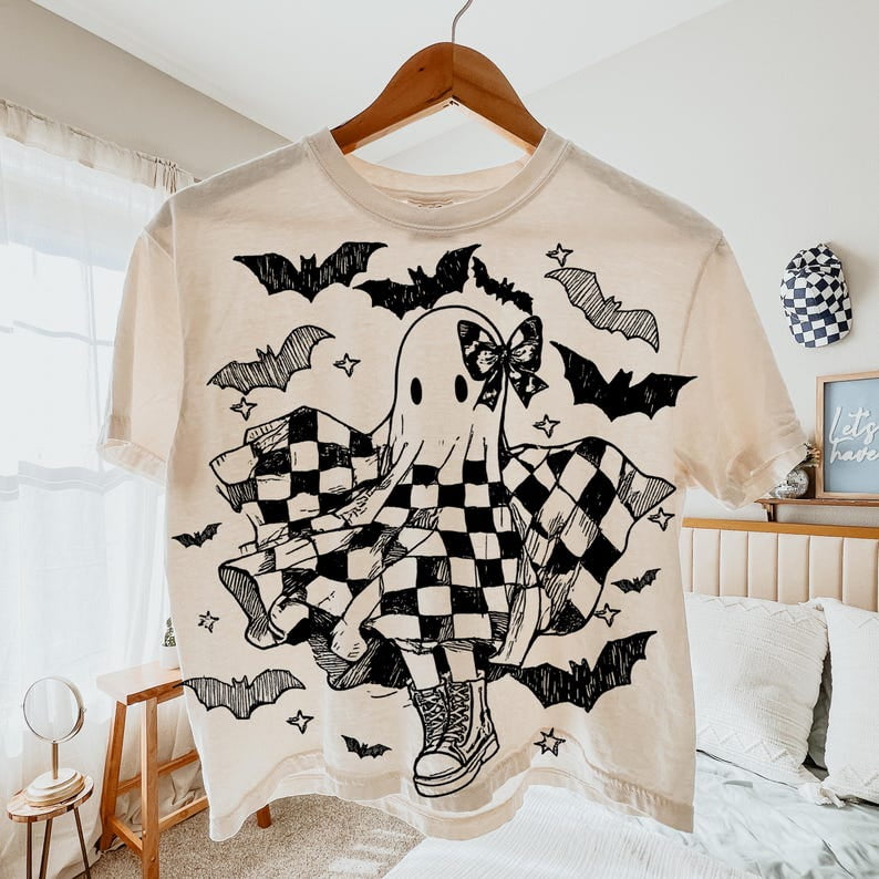 Dancing Ghost Halloween T-Shirt, Coquette Bow Girly Ghost Tee ...