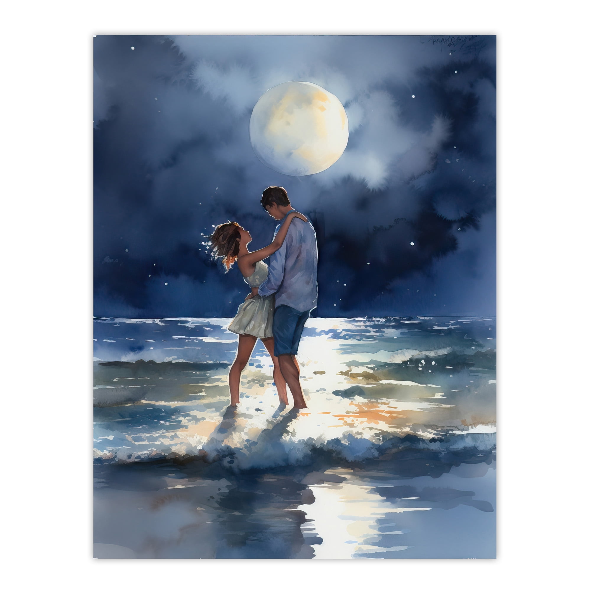 Dancing In The Waves Watercolour Painting Blue Yellow Couple Dancing ...