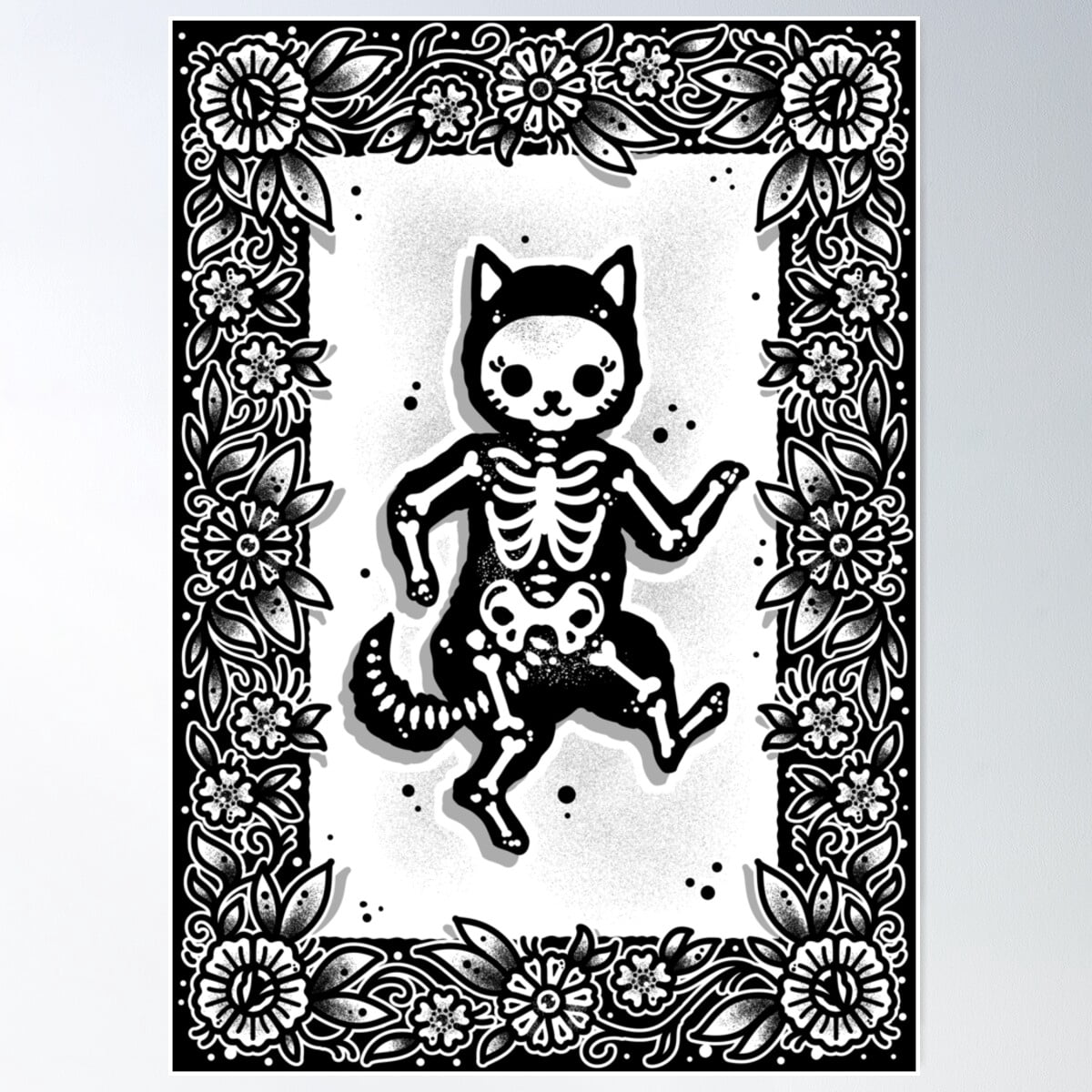Dancing Jellybean Skeleton Cat Cute Traditional Tattoo Flash Poster ...