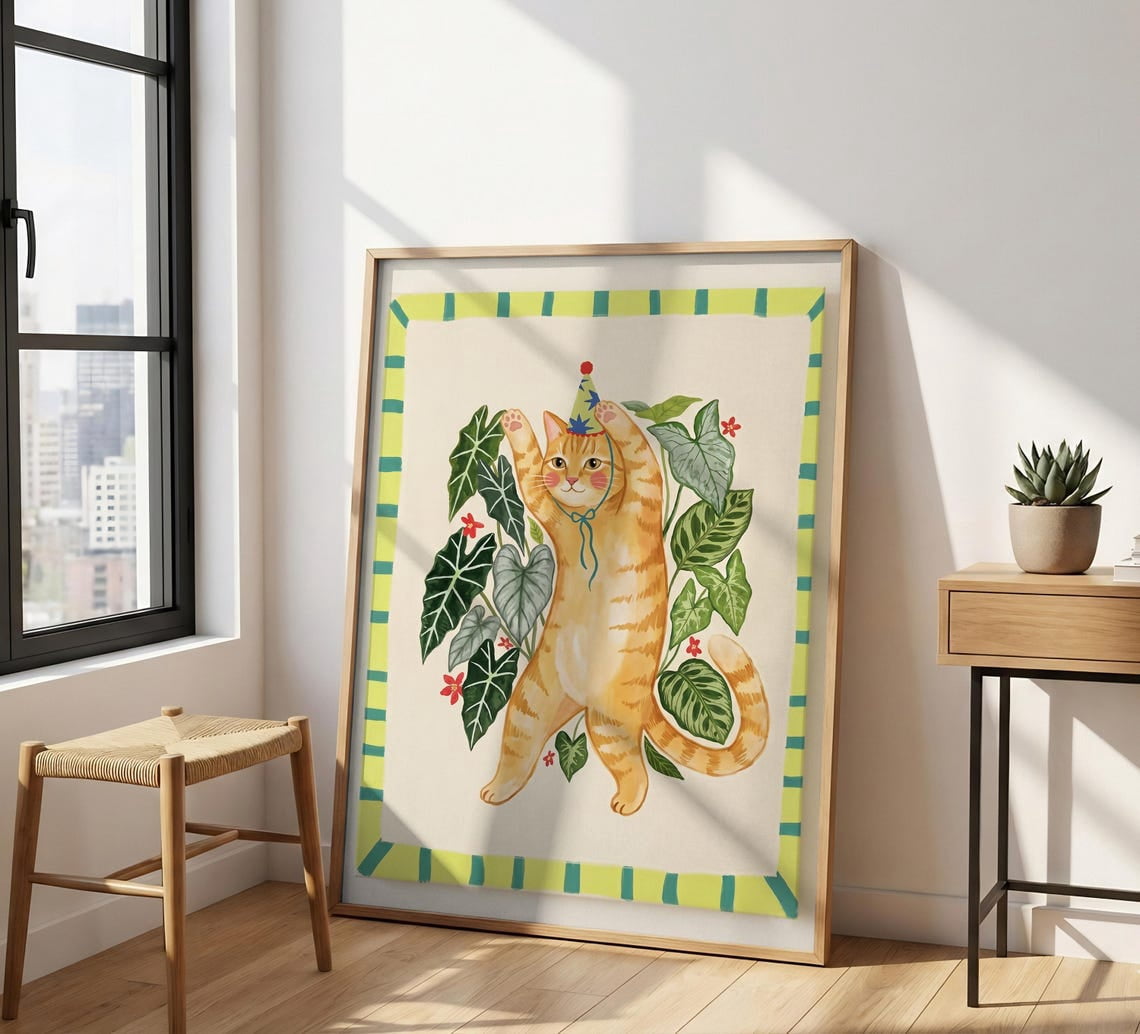 Dancing Orange Cat Botanical Feline Whimsical Party Cat Tropical Plant ...