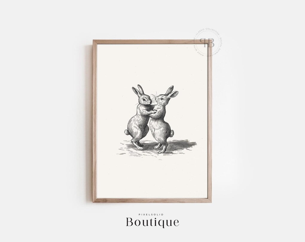 Dancing Rabbits Family Print, Vintage Style Nursery Farmhouse Wall Art ...