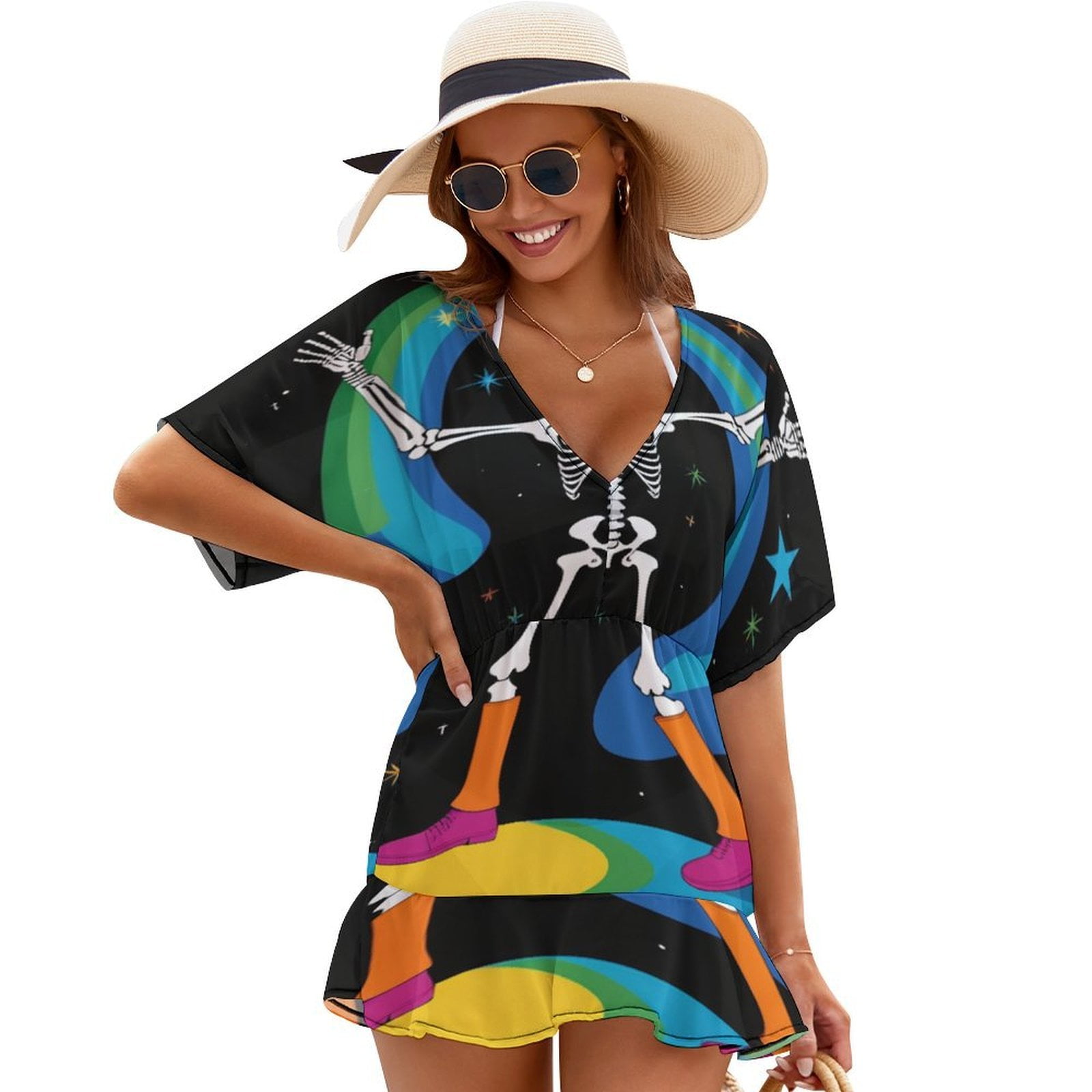 Dancing Skeleton with Colorful Background Women's Luxury Party Dress ...