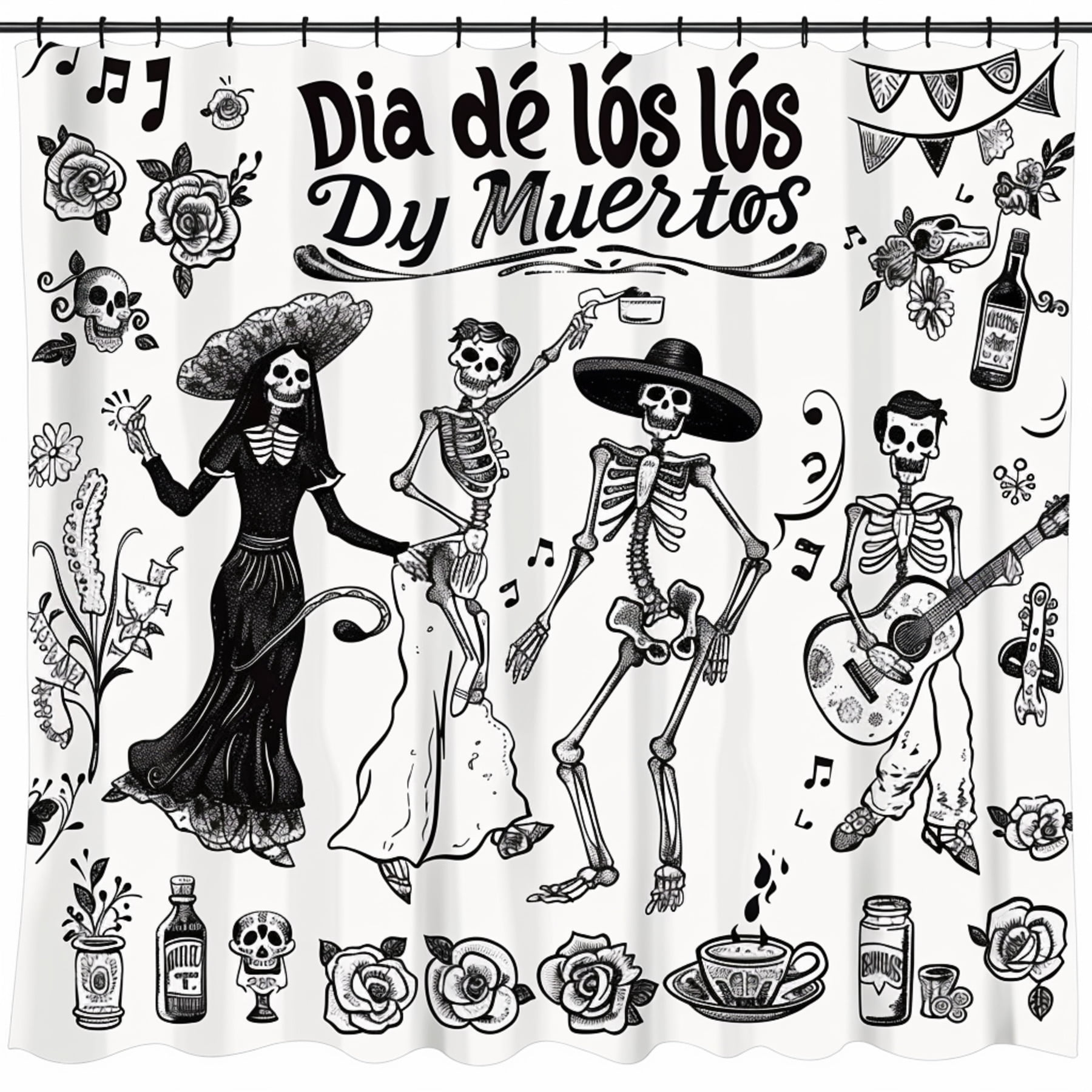 Dancing Skeletons Day of the Dead Shower Curtain with Cats and Musical ...