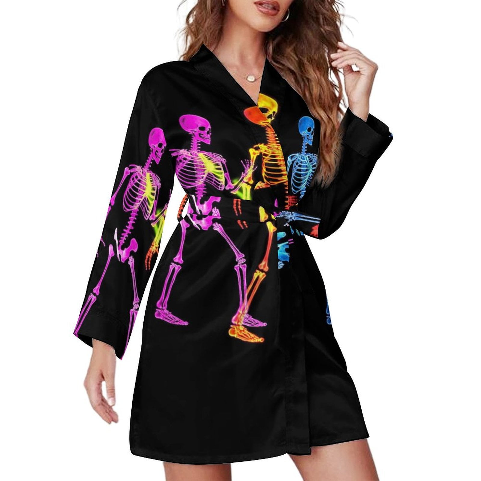 Dancing Skeletons Night Robe Long Sleeve V Neck Robe With Belt Women's ...