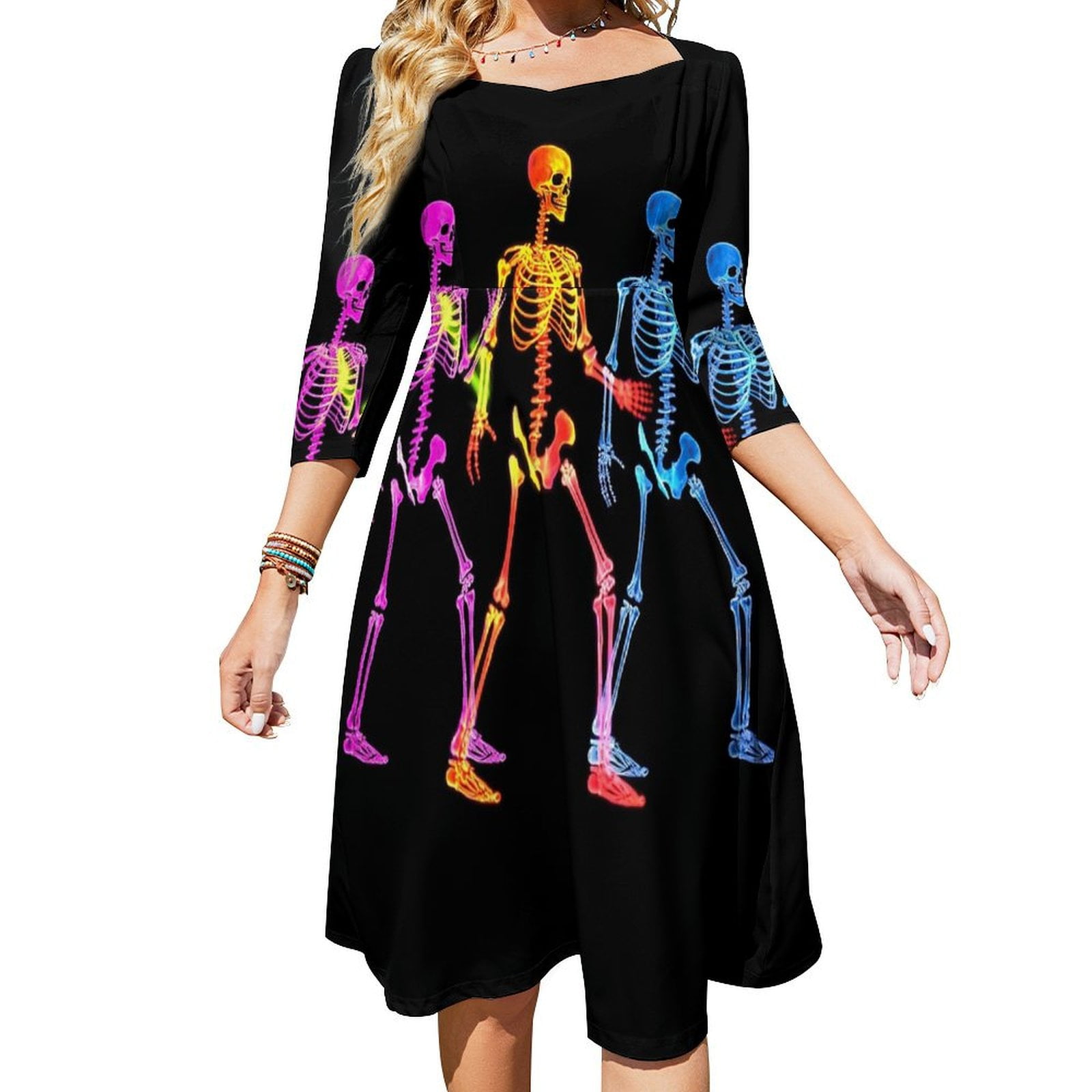Dancing Skeletons Sweetheart Knot Flared Dress Fashion Design Large Size Loose Dress Spring ...