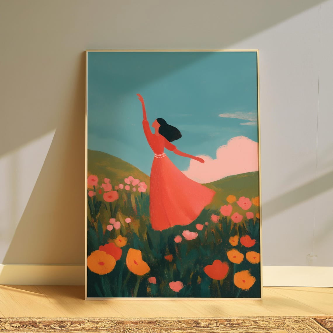 Dancing Woman Flower Field Spring Wall Art, Unframed Canvas Size 24x36 ...