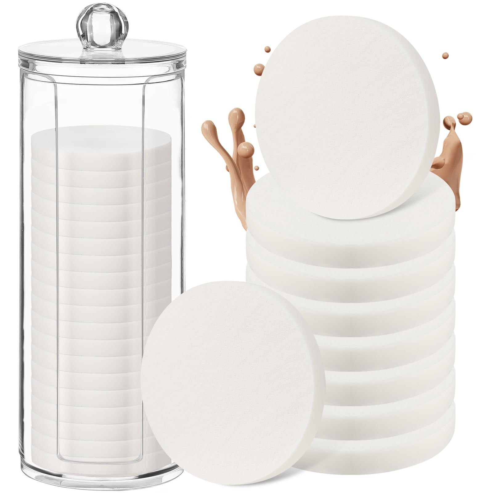 Dandat 20 Pcs Round TSF6 Makeup Sponge with Acrylic Container Compact ...