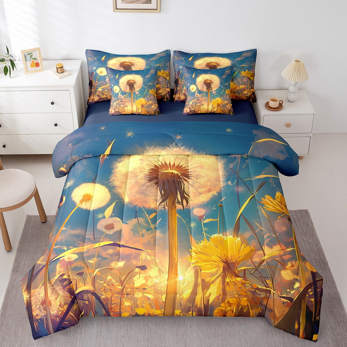 Dandelion 7 Piece Bed in a Bag Twin Size,Dreamy Sunshine Flower Floral ...
